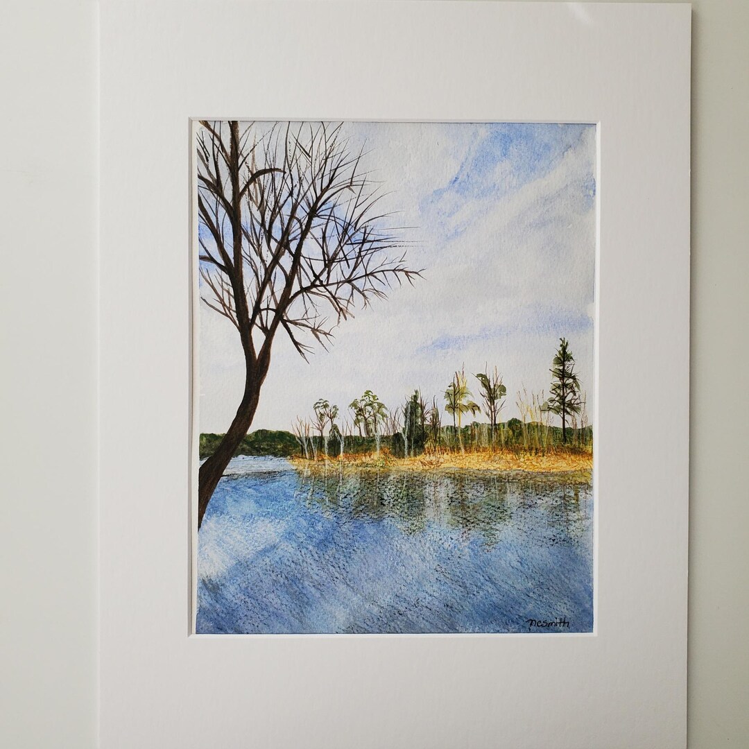 Reflective Waters: Original Watercolor Landscape Painting, Matted 11x14 ...
