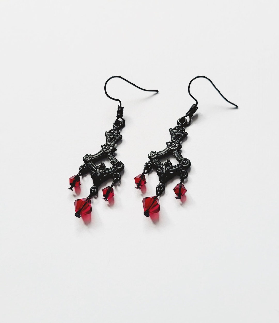 Gothic Black Chandelier Earrings, Red Crystal Goth Dangle Earrings ...