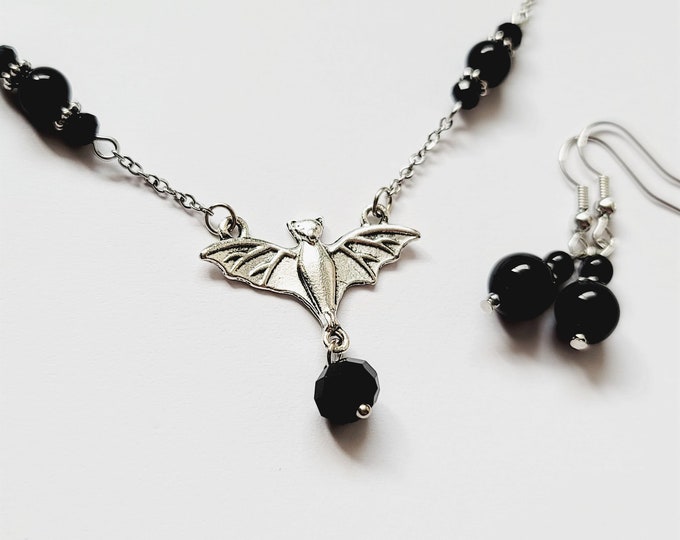 Bat Necklace, Halloween Jewelry, Gothic Bat Jewelry Set, Black Crystal ...