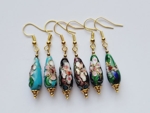 Elegant Asian Style Floral Teardrop Dangle Earrings Colorful | Etsy