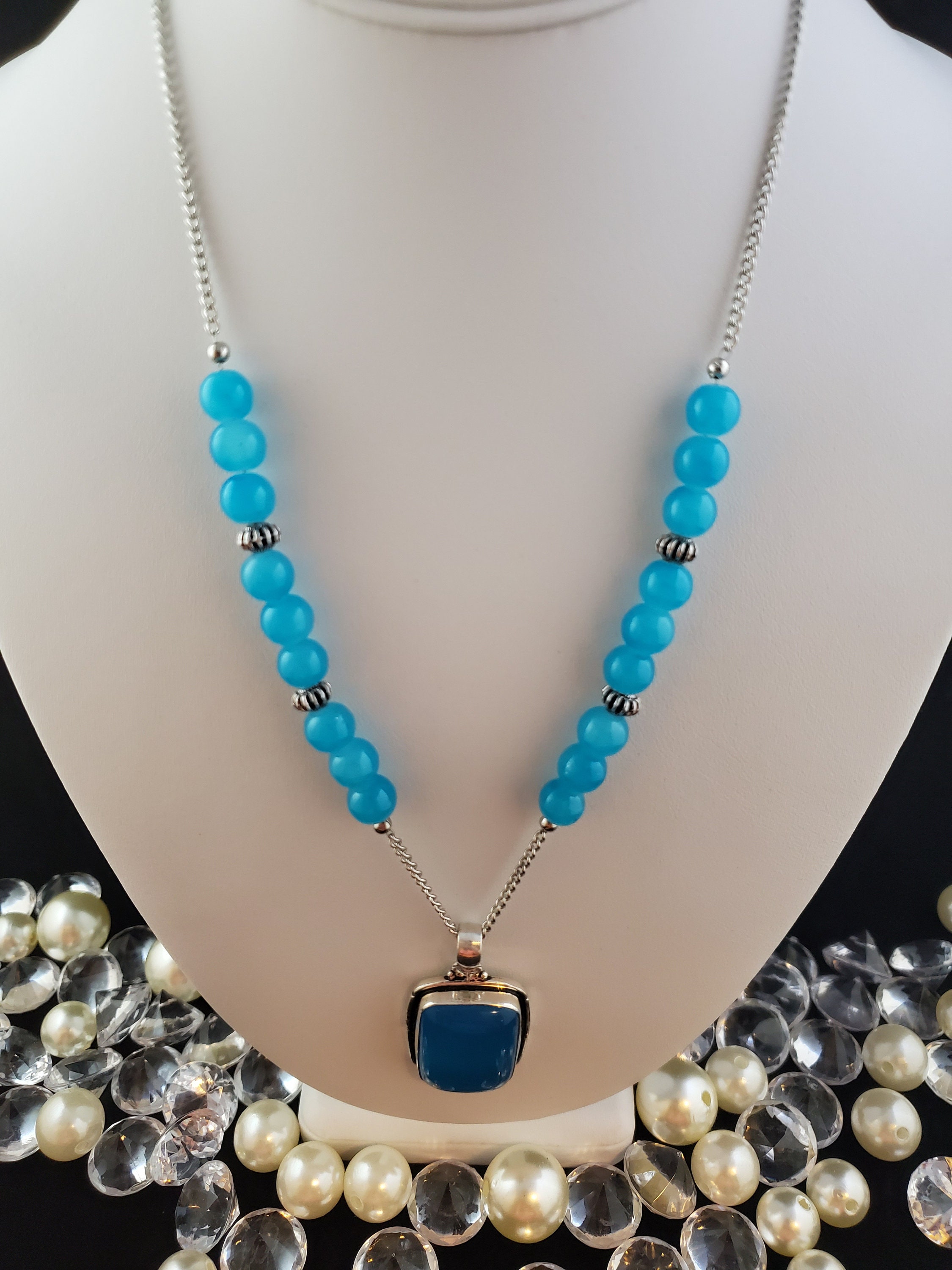 Blue Jewelry Set Blue Glass Necklace Sterling Silver - Etsy