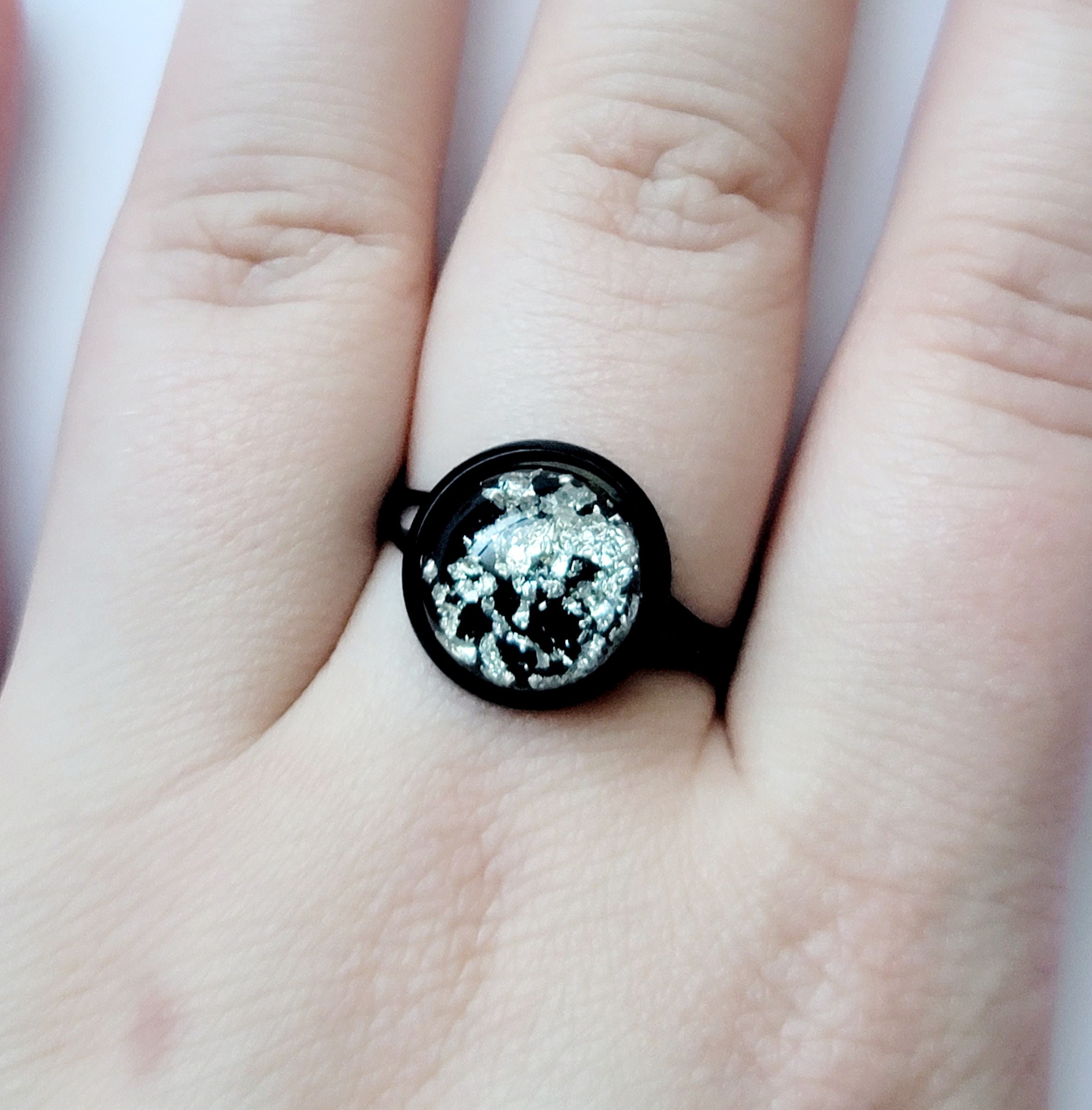 Silver Flake Black Adjustable Ring Gothic Black Ring Silver - Etsy