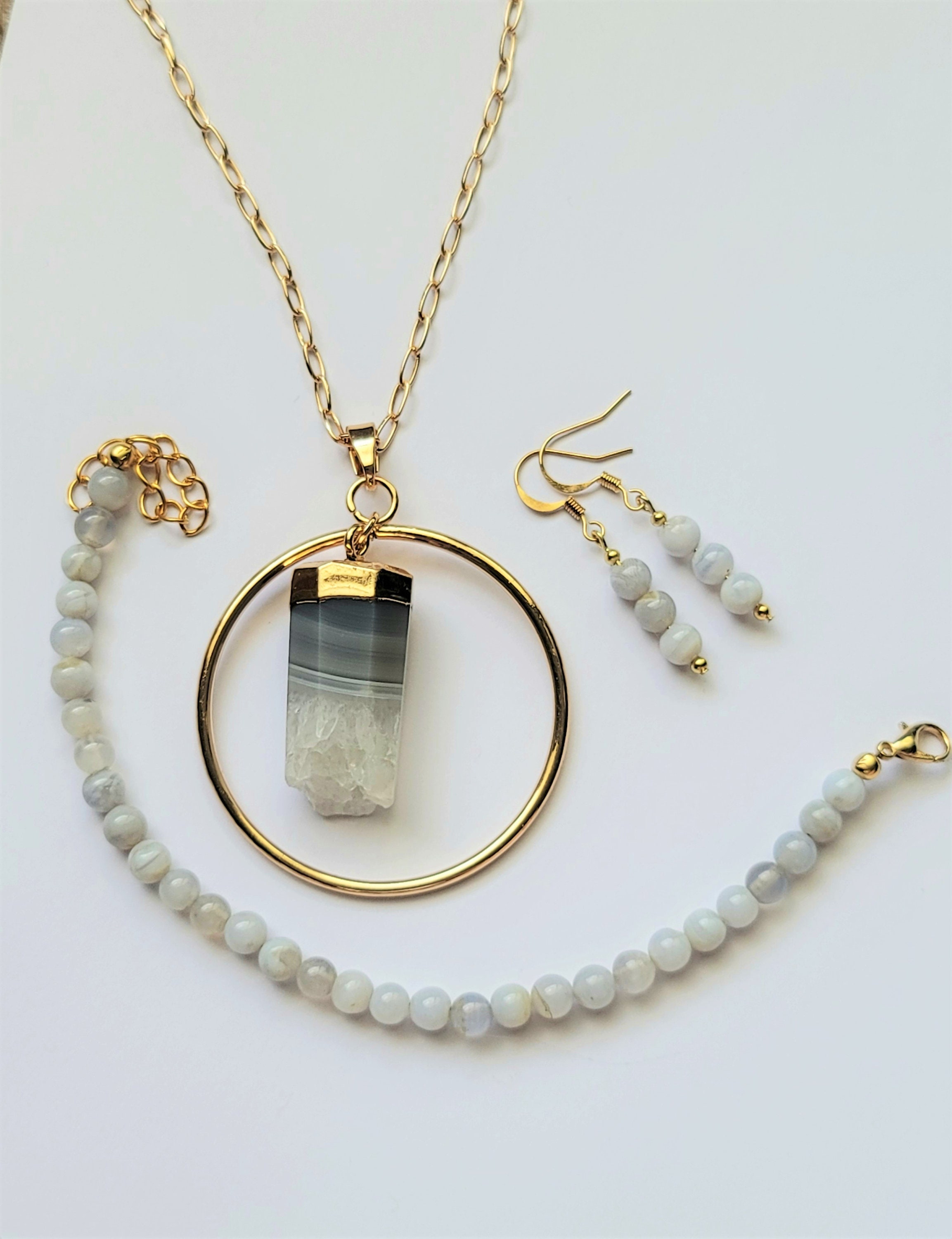 Grey Lace Agate Jewelry Set Grey Agate Stone Pendant Gold - Etsy