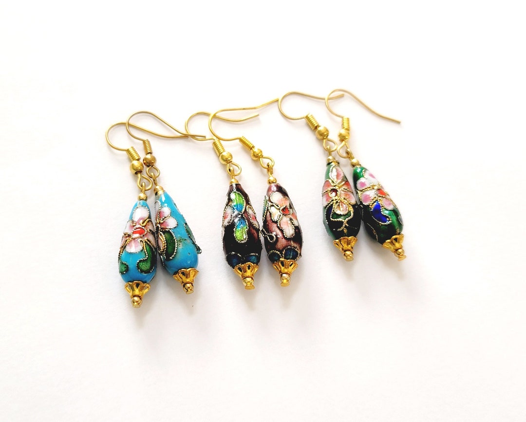 Elegant Asian Style Floral Teardrop Dangle Earrings, Colorful Flower ...