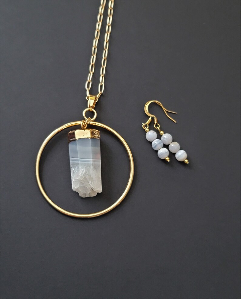 Grey Lace Agate Jewelry Set Grey Agate Stone Pendant Gold - Etsy