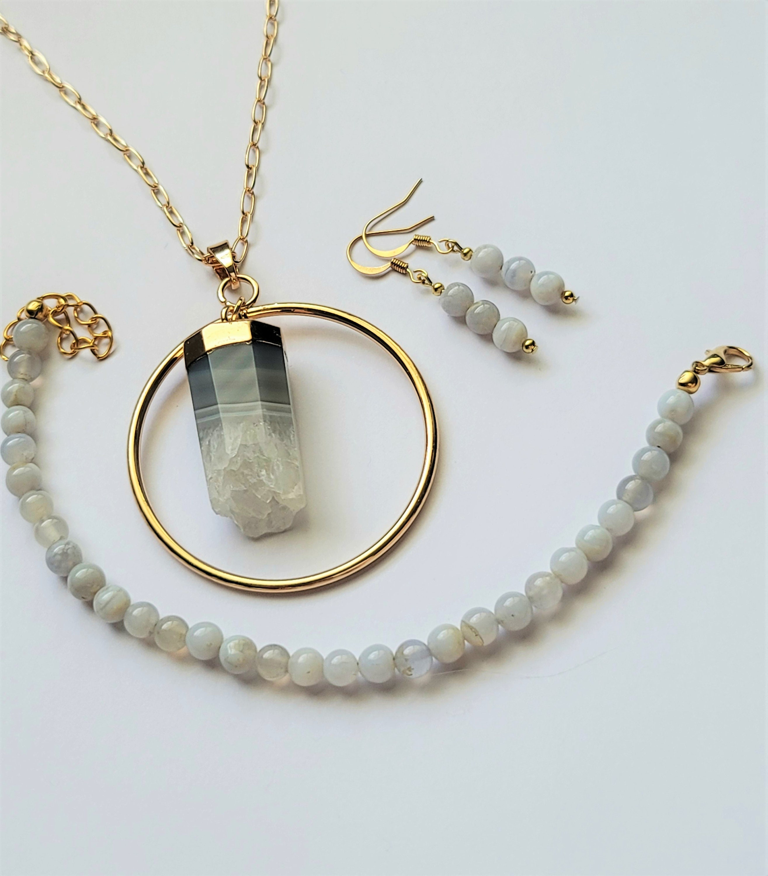Grey Lace Agate Jewelry Set Grey Agate Stone Pendant Gold - Etsy