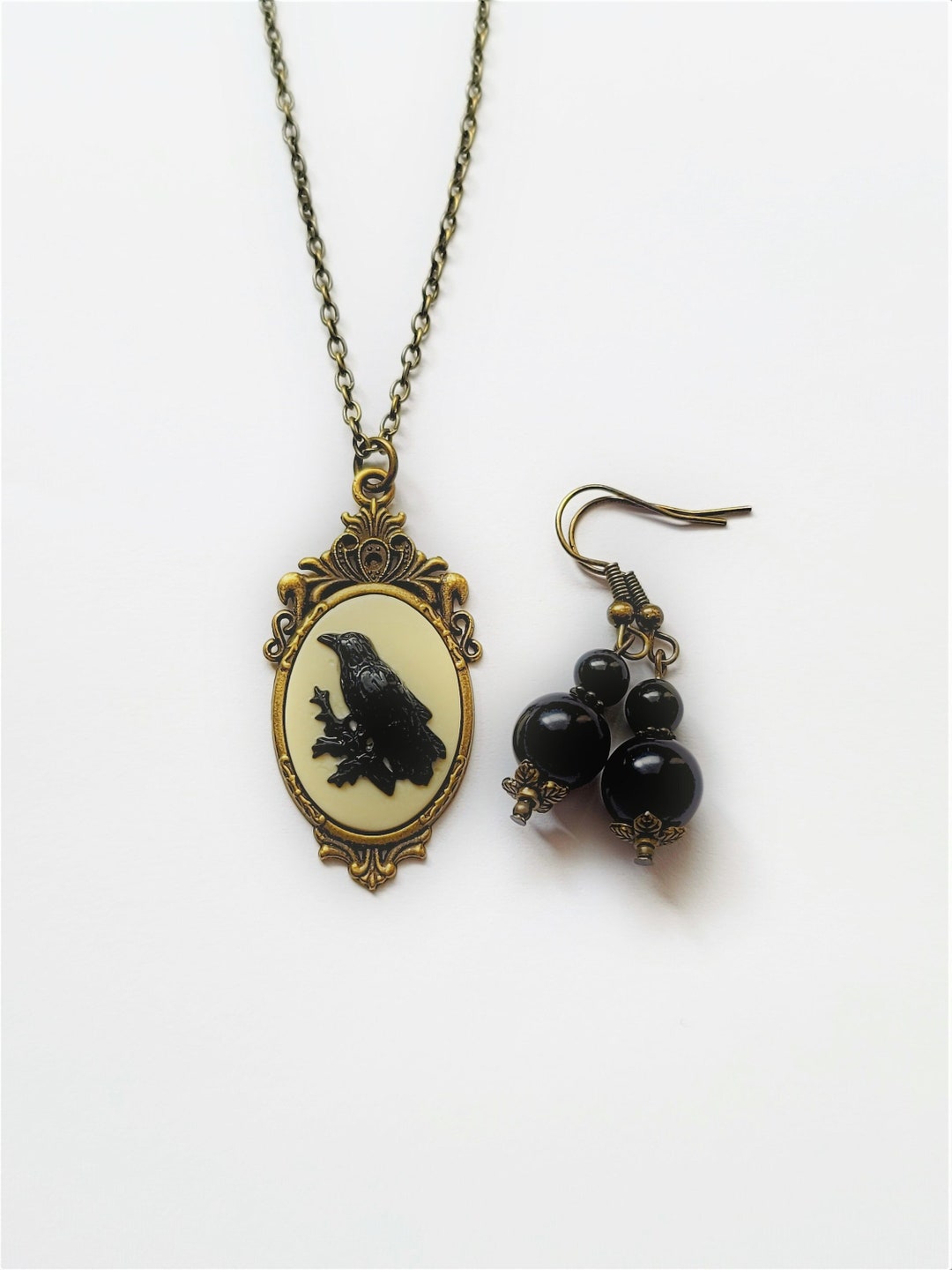 Raven Necklace, Gothic Raven Jewelry Set, Bronze Filigree Victorian ...