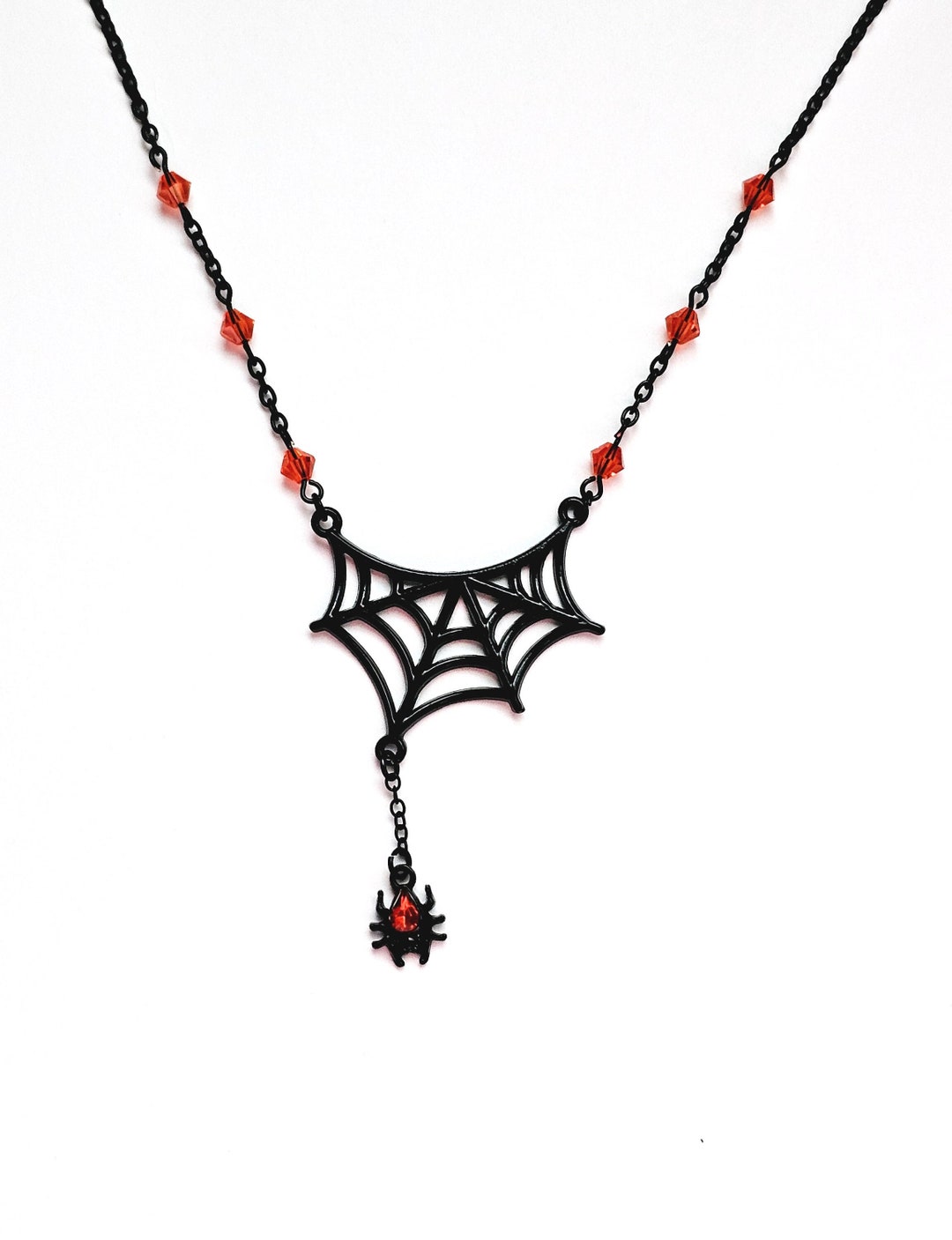 Spider Web Necklace, Black Spider Necklace, Black and Orange Halloween ...