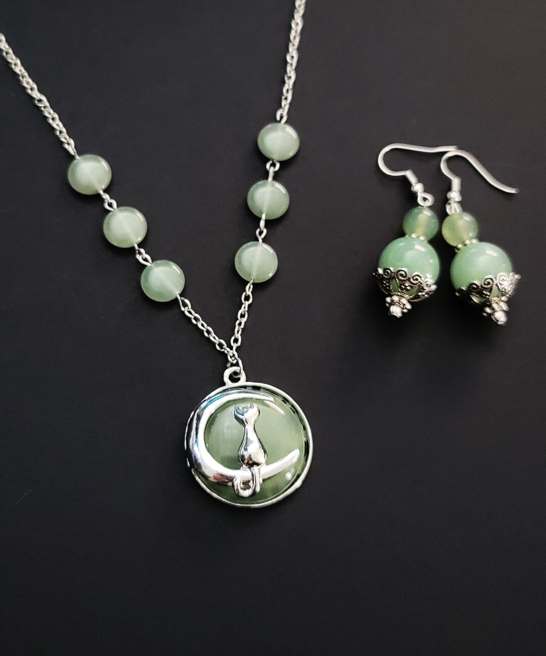 Green Aventurine Cat Jewelry Set, Cat in Moon Pendant, Gemstone Cat ...