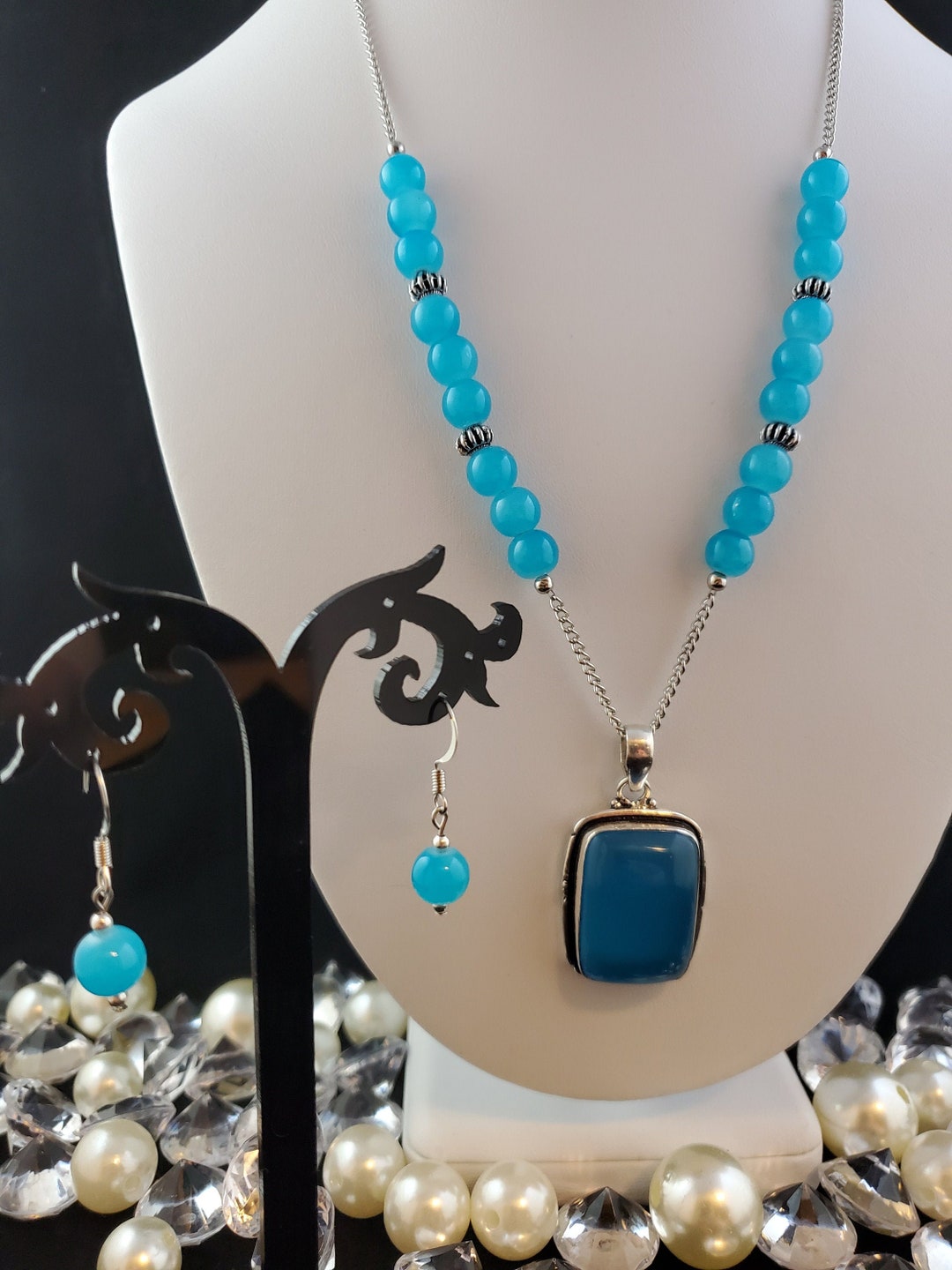 Blue Jewelry Set, Blue Glass Necklace, Sterling Silver Pendant ...