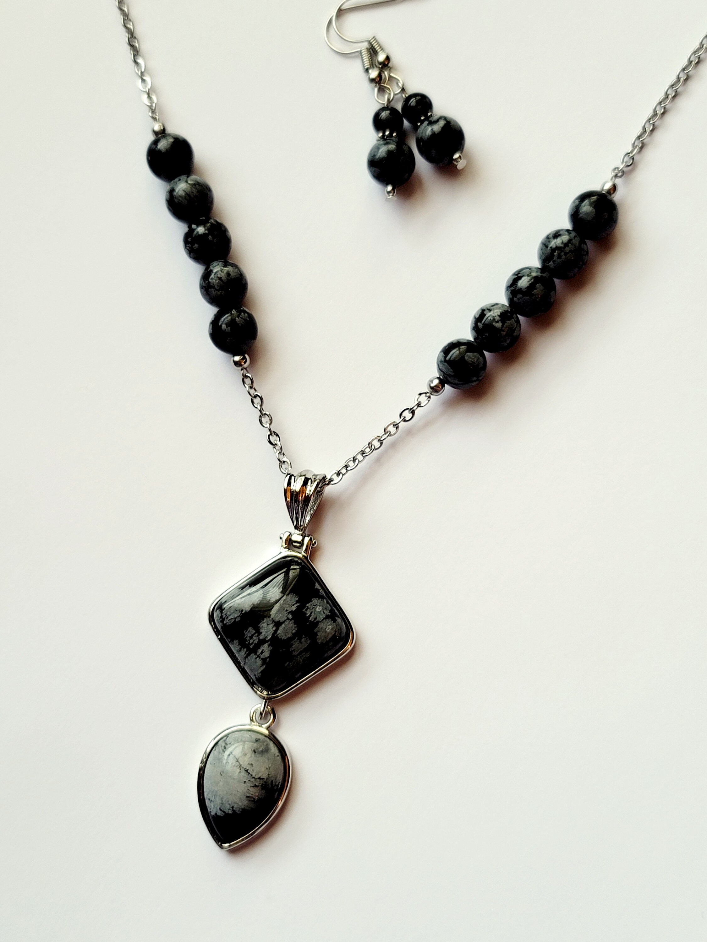 Snowflake Jasper Necklace, Snowflake Jasper Jewelry Set, Natural Black ...