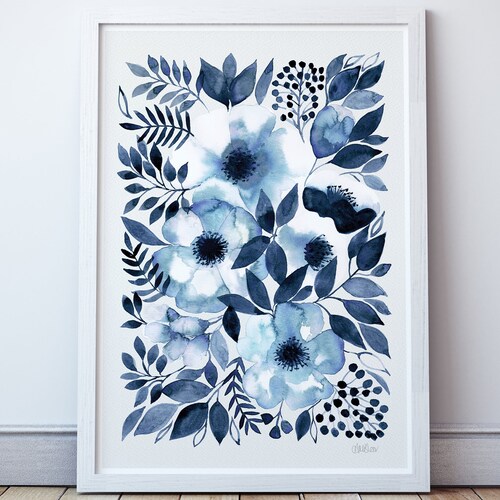 Navy Blue Flower Print Printable Wall Art Floral Bouquet - Etsy