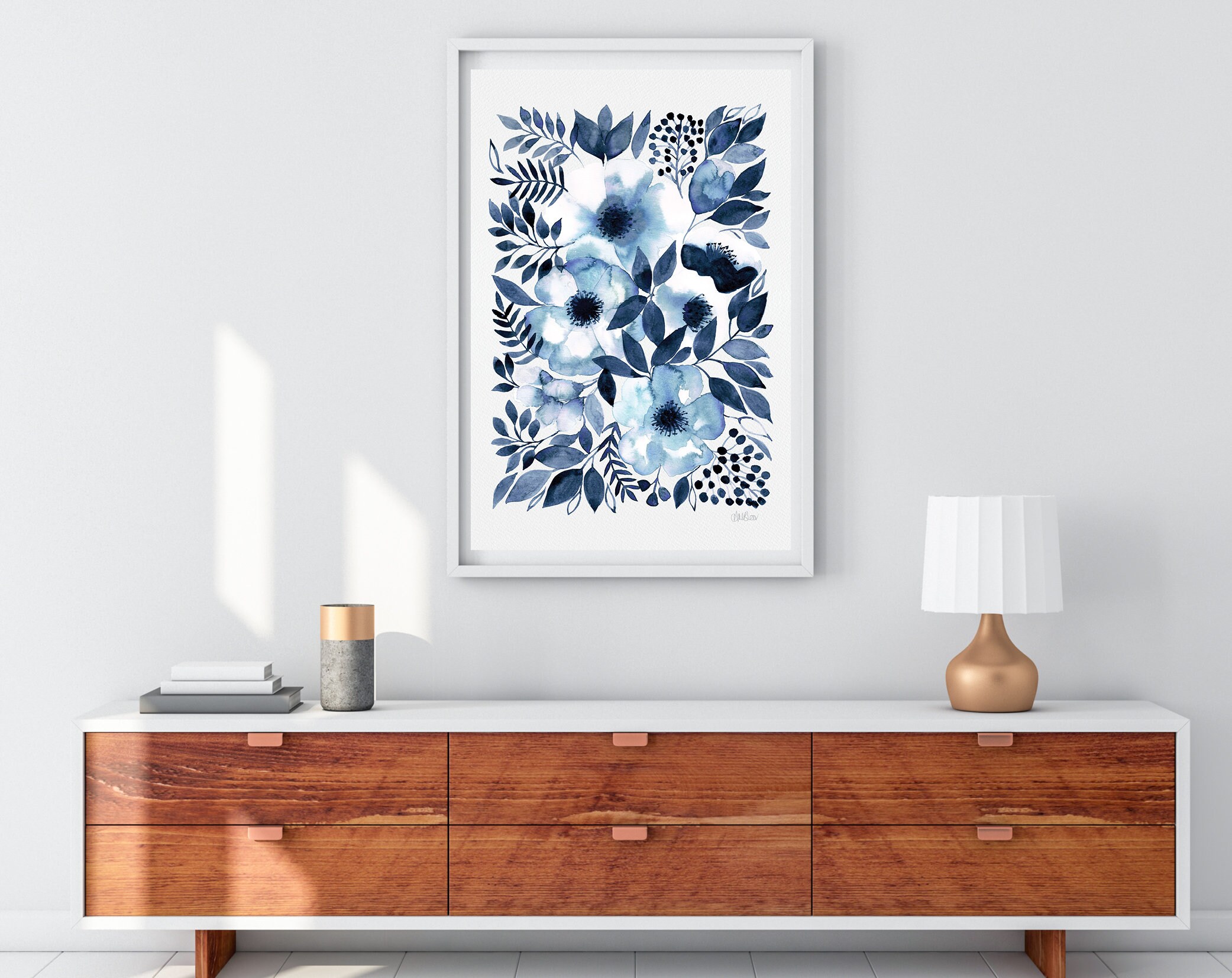 Hamptons Style Navy Blue Watercolour Floral Art Print - Etsy