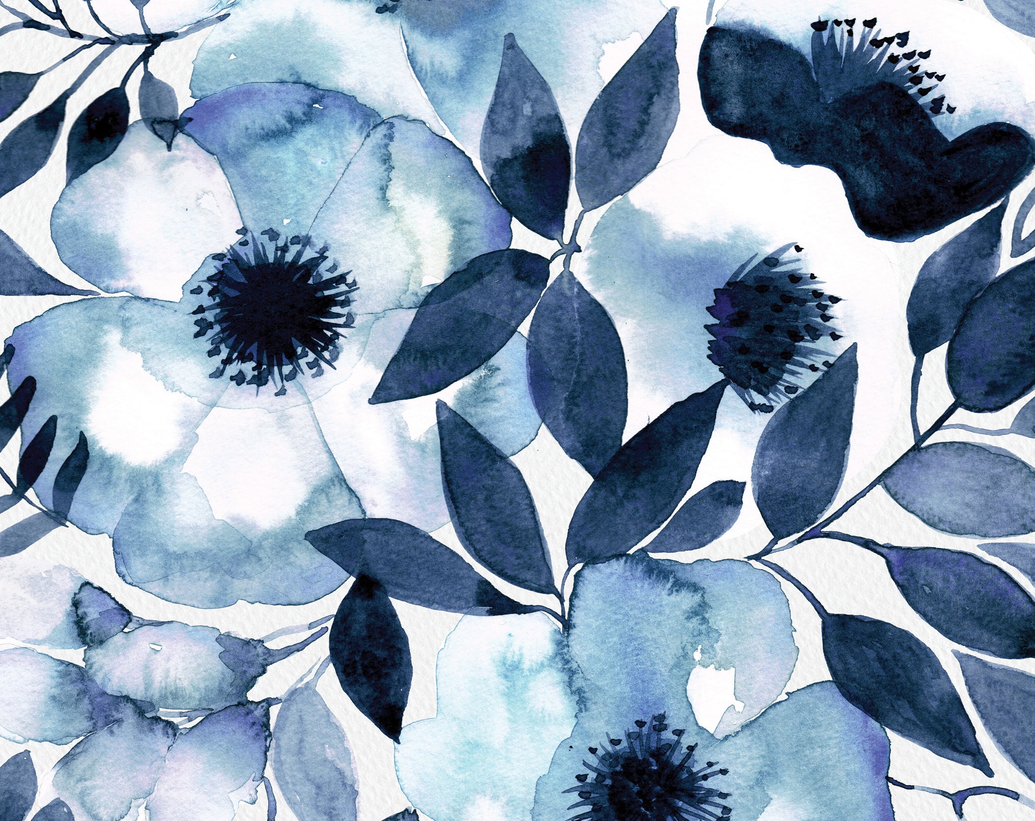 Hamptons Style Navy Blue Watercolour Floral Art Print - Etsy