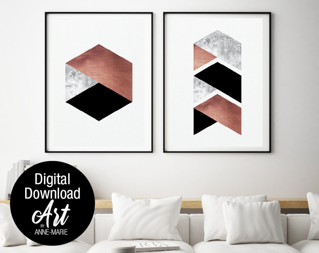 Matching Pair Art Prints. Scandinavian Style Bronze, Concrete Texture ...