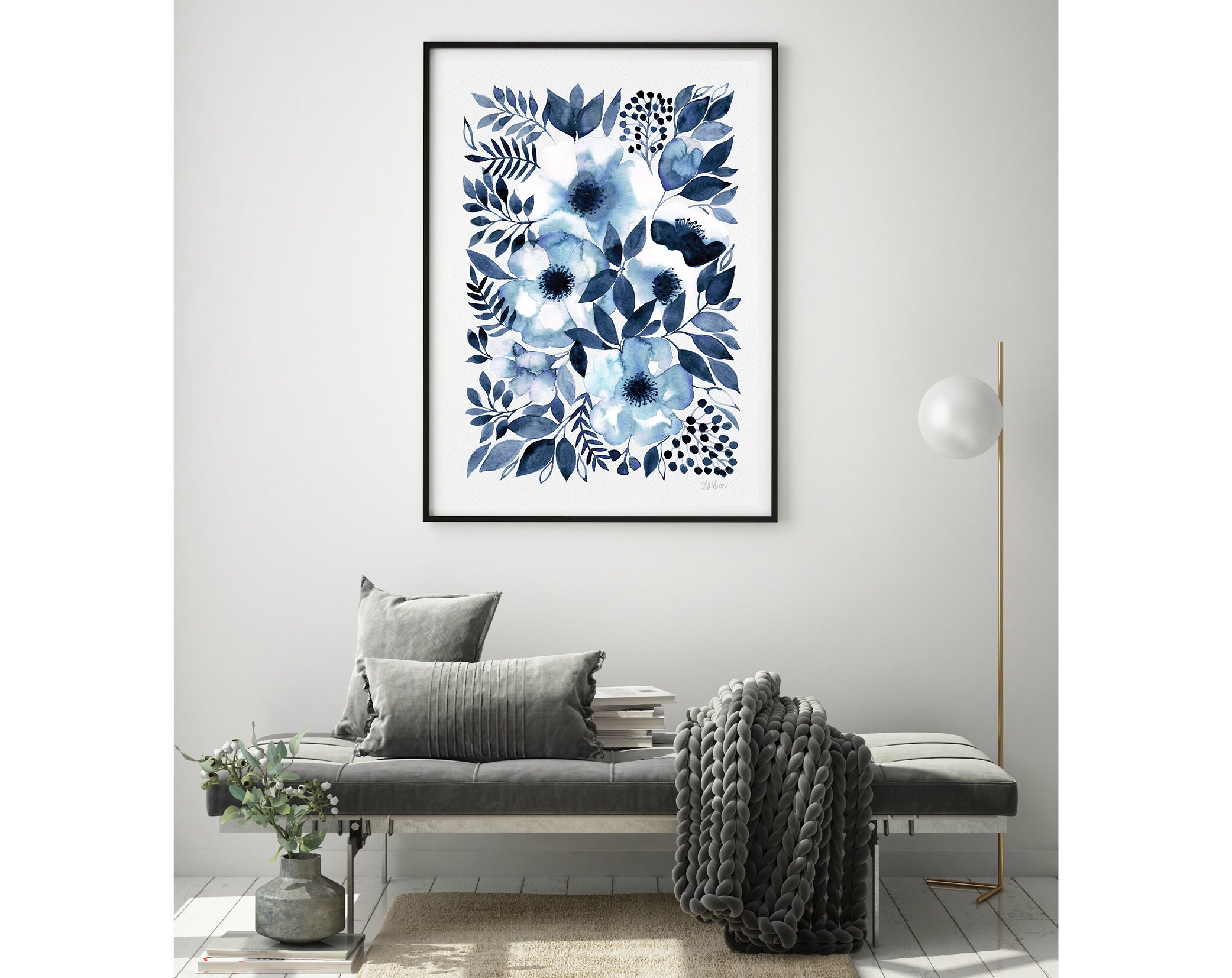 Hamptons Style Navy Blue Watercolour Floral Art Print - Etsy