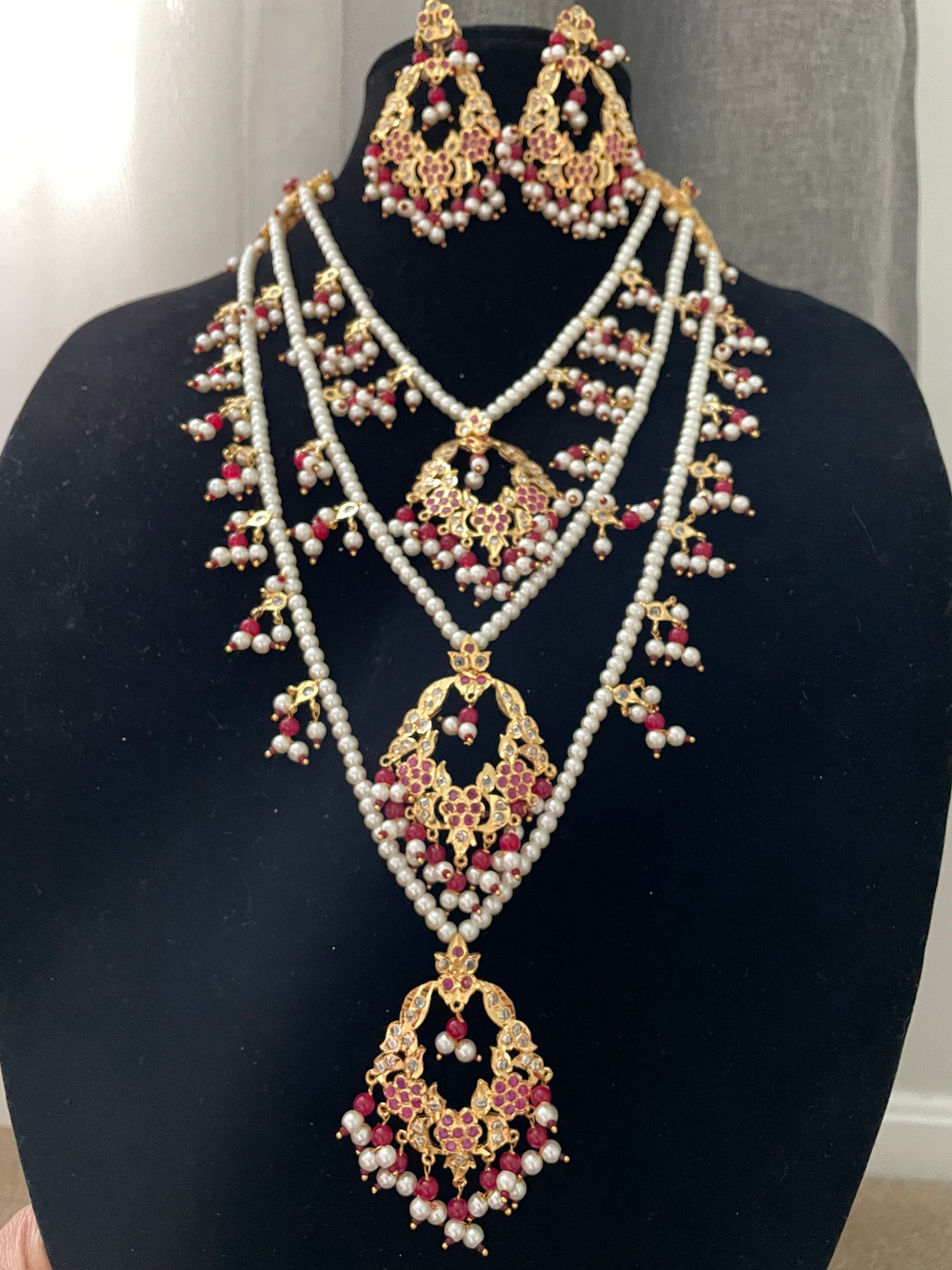 Red Multilayer Jadau Rani Haar/hydrabadi 3 Lada Rani Haar/red Jaddau ...