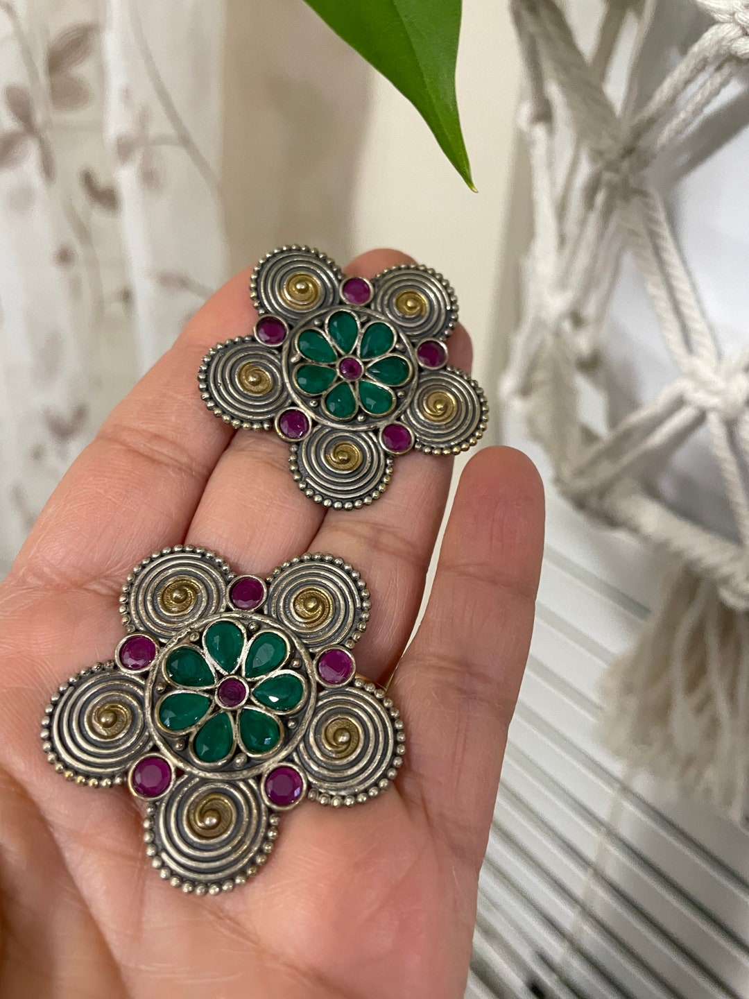 Oversized Red Green Stones Oxidized Studs/german Silver Dual Tones ...