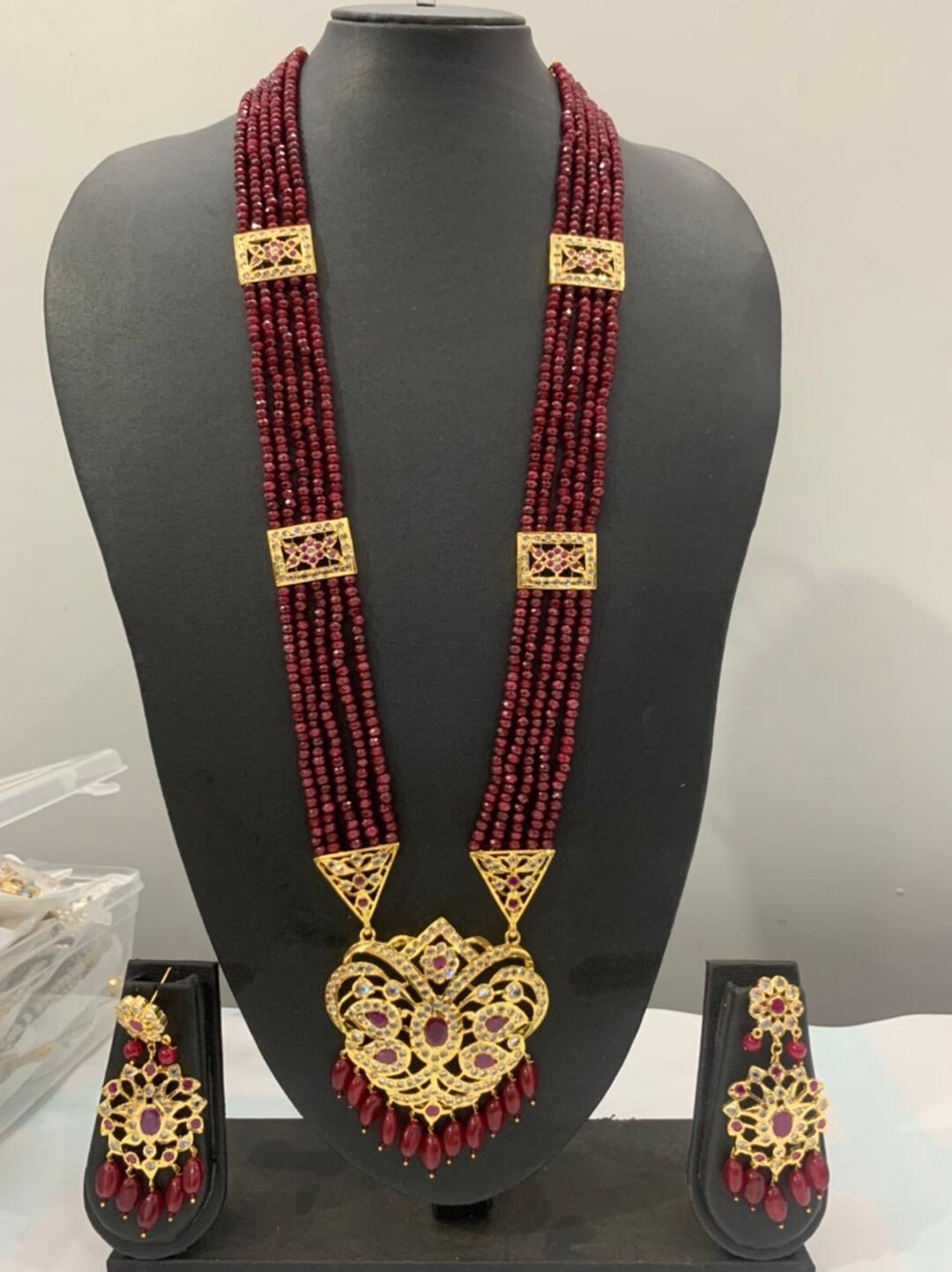 Red Bridal Jadau Rani Haar With Earrings /hydrabadi Statement Rani Haar ...