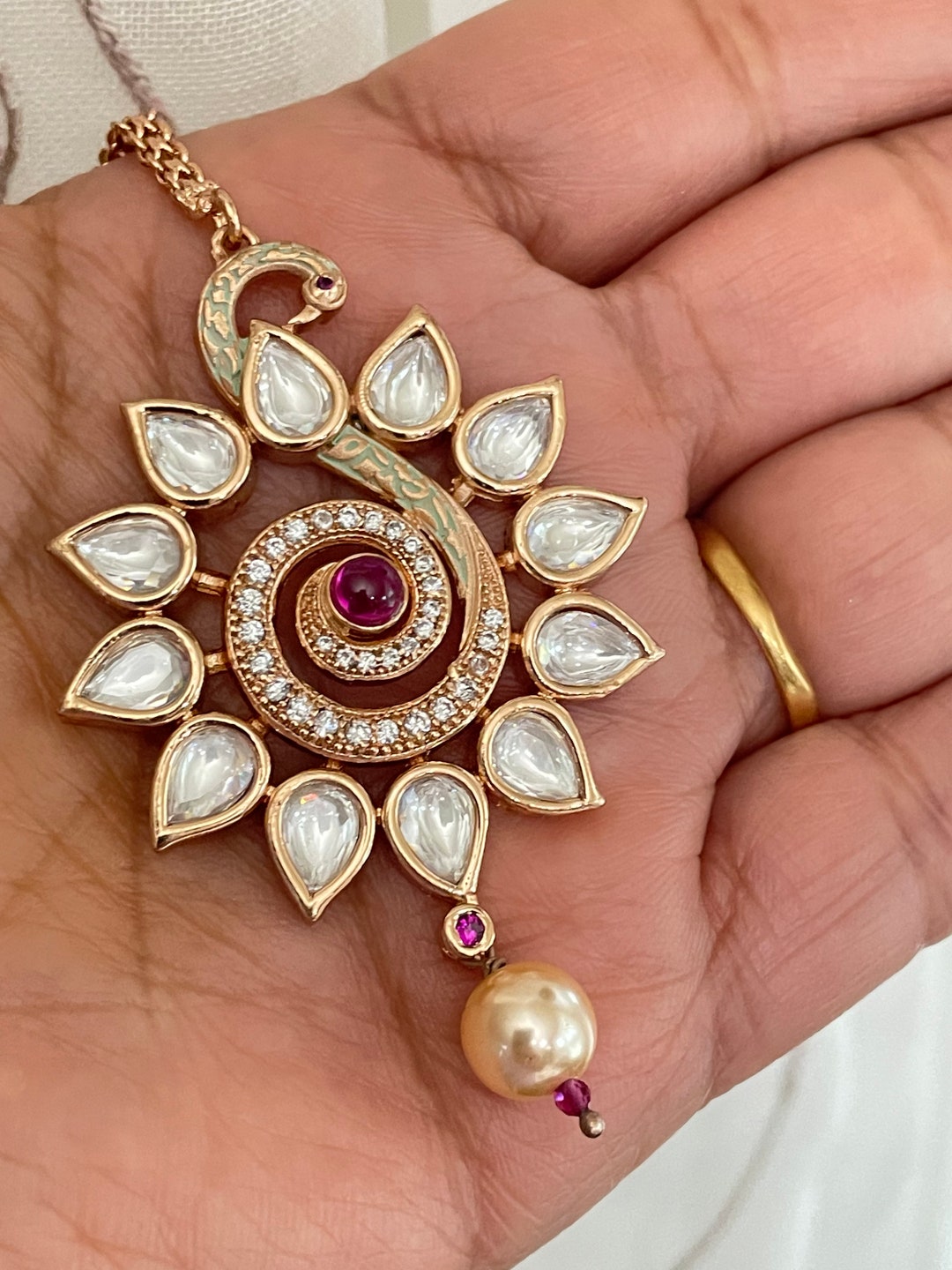 Rose Gold Bridal/kundan AD Tikka/designer/tayani Style/peacock Design ...