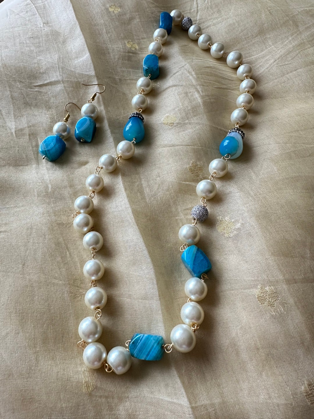 Long Pearls N Blue Beads Mala/turquoise Beads With Marcasite Mala Set ...
