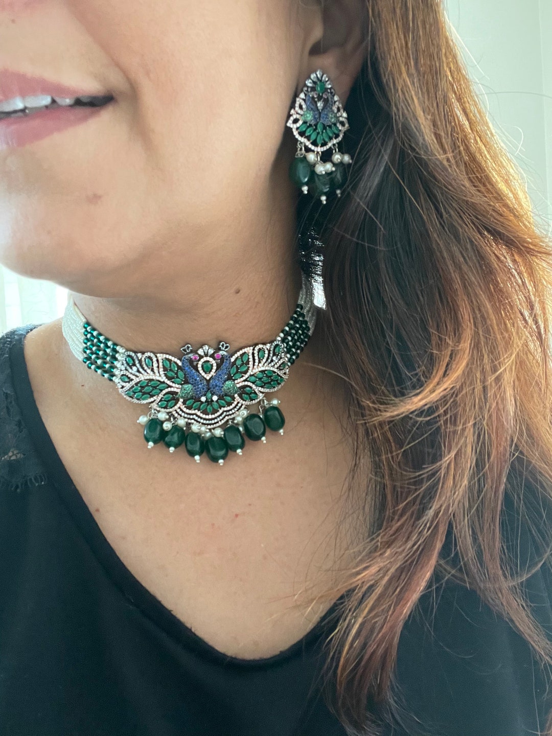 Green Peacock Victorian Choker With Pearls/cz Colored Stones Peacock ...