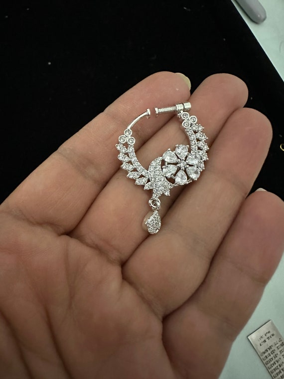 Bridal American Diamond nath nath for Non Pierced nose Indian nosering Pakistani nosering
