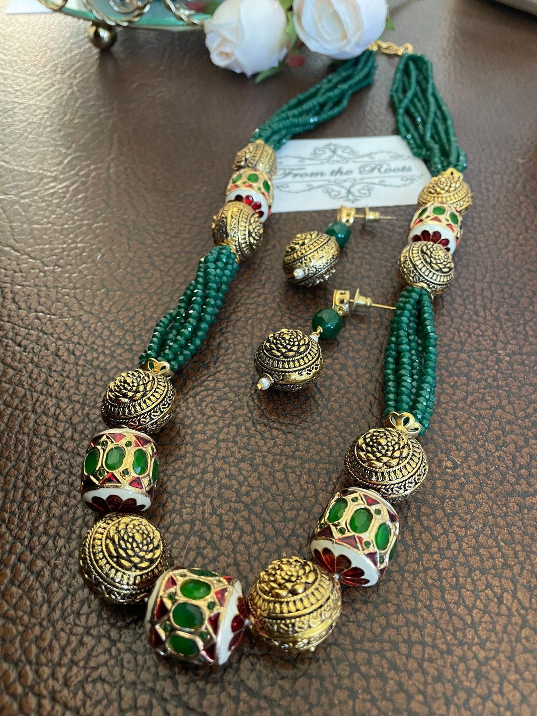 Green Color Mala Set/one of Kind Mala Set/green Jadau Onyx Beads ...