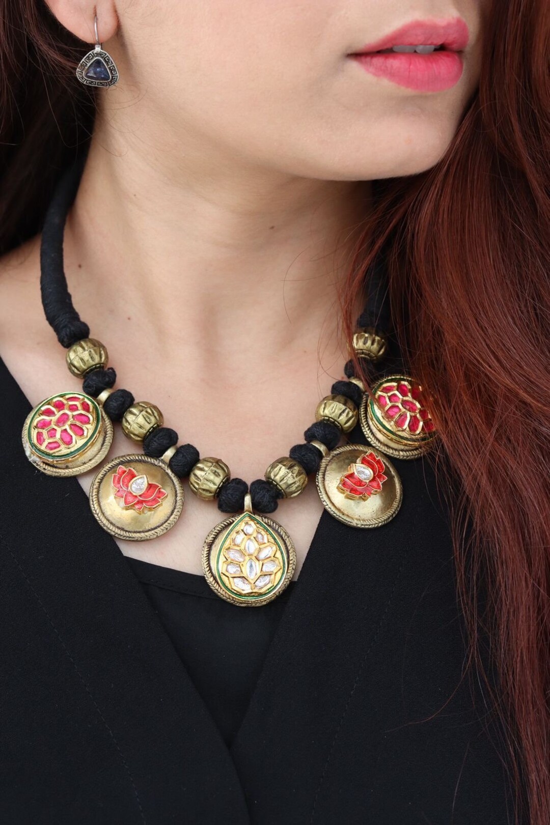 Gold Tone Boho Necklace Set With Black N Gold Beads/fusion Style Boho ...