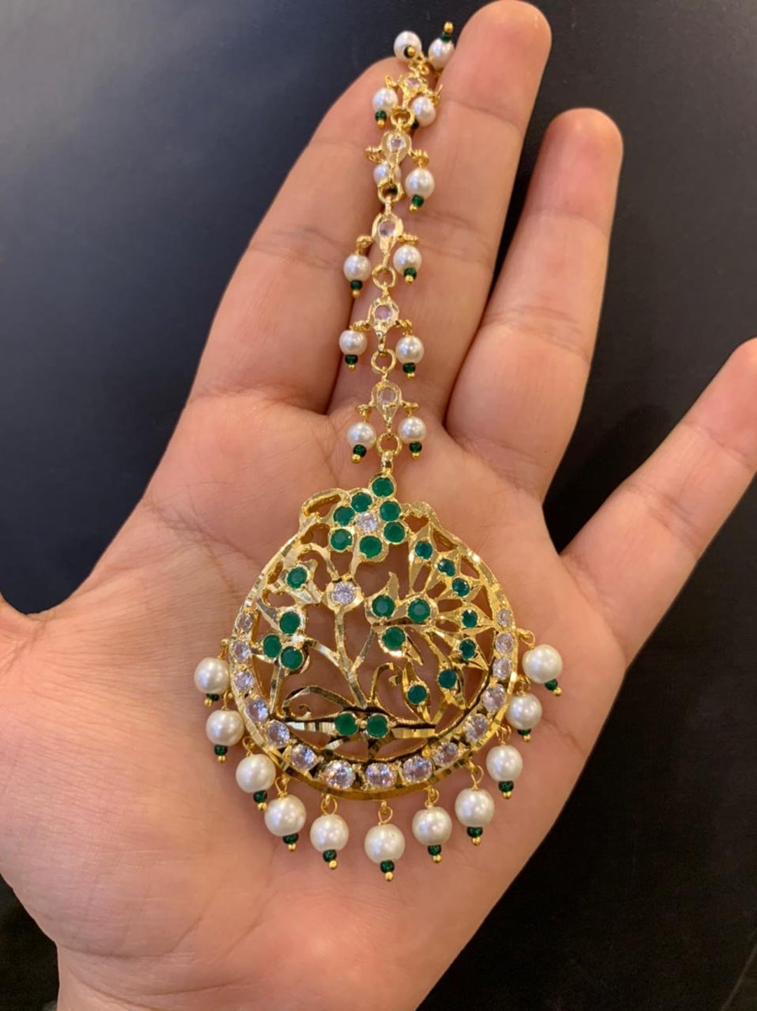 Green Hydrabadi Jadau Tikka/punjabi Jadau Pearls Stones Maagtikka/gold ...