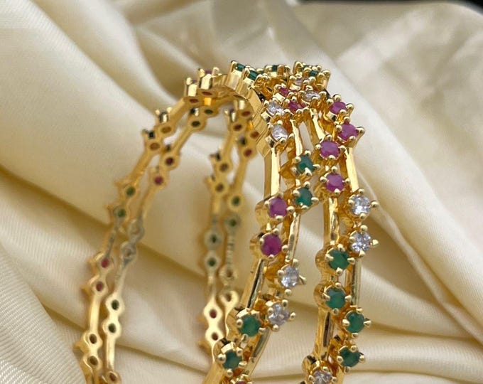 Navratan Set of 4 Gold Bangles/multicolor Matte Gold Bangles/kemp Style ...