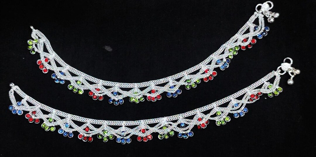 Silver Finish Anklets/coloured Stones Statement Anklets/payal/pajeb ...
