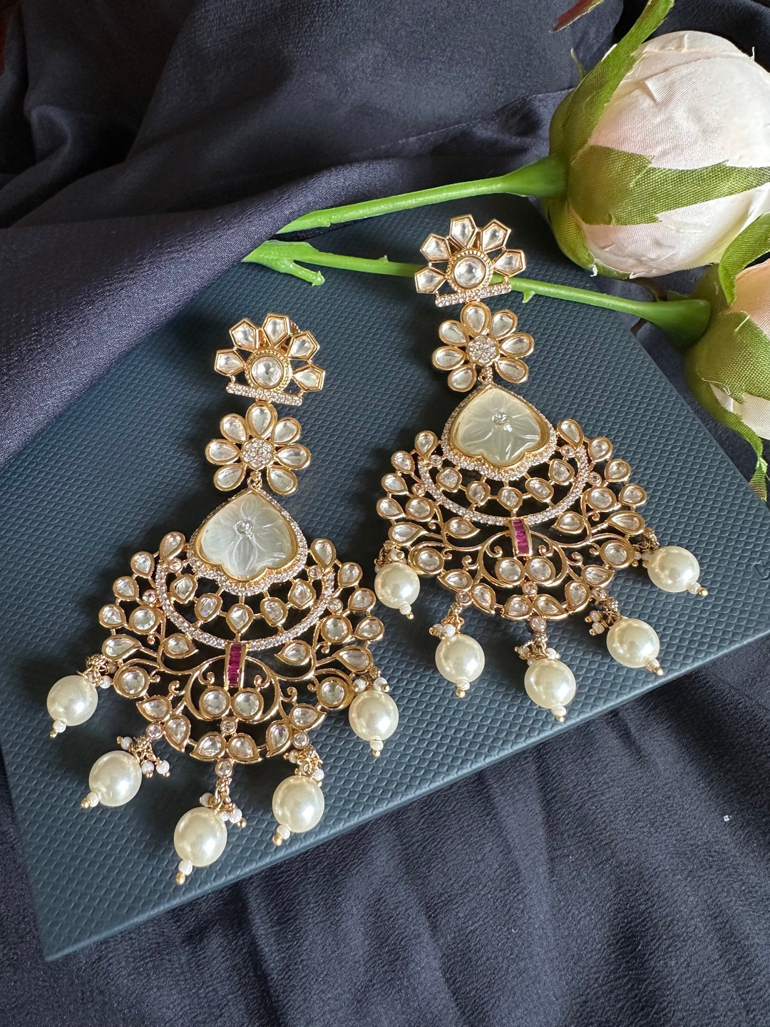 Bridal Indian Statement Chandbalis/carved Stones Tayani Kundan ...