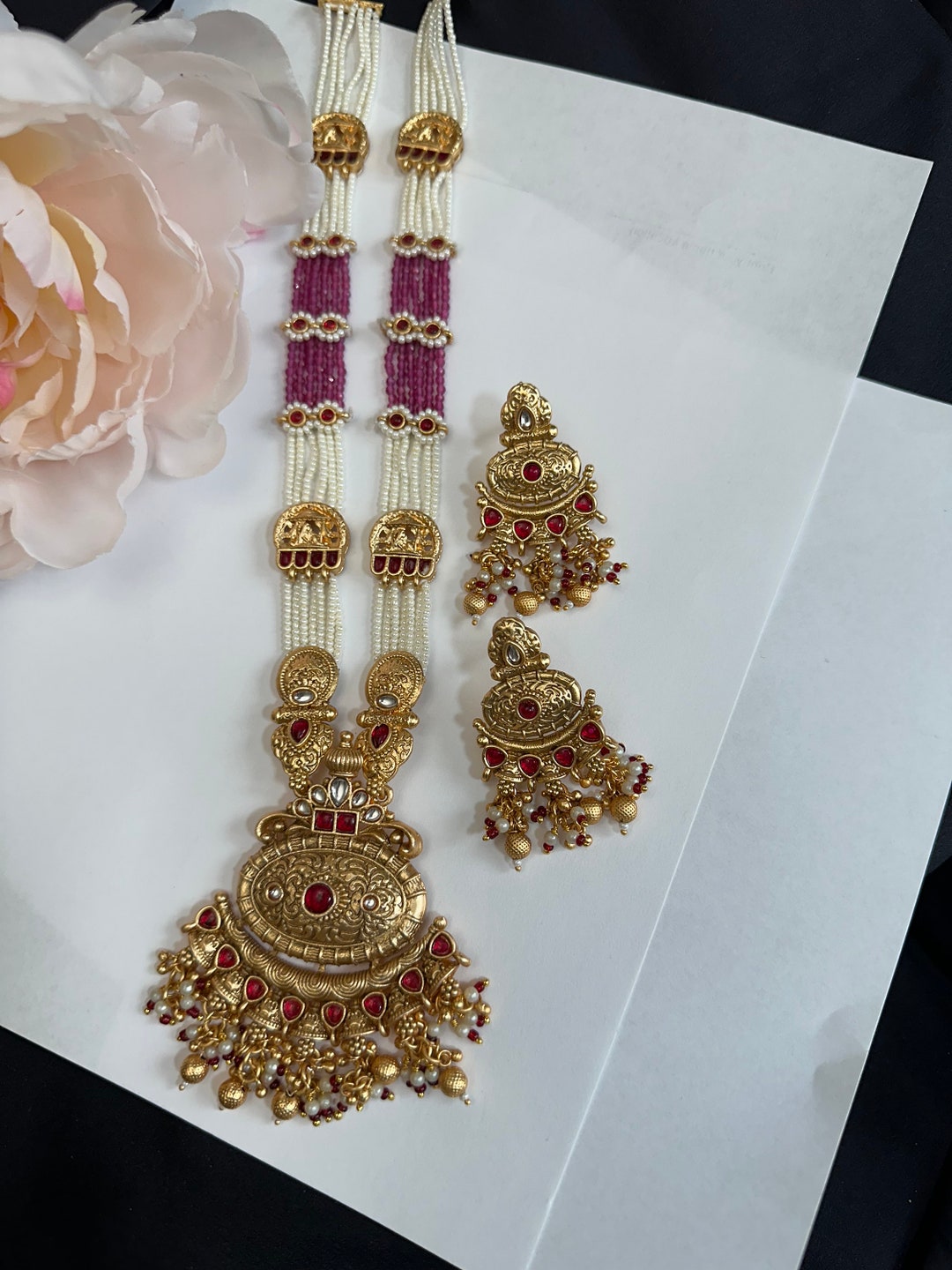 Pink Long Mala Set/pink N Pearls Gold Plated Mala Set/long Wine Color ...