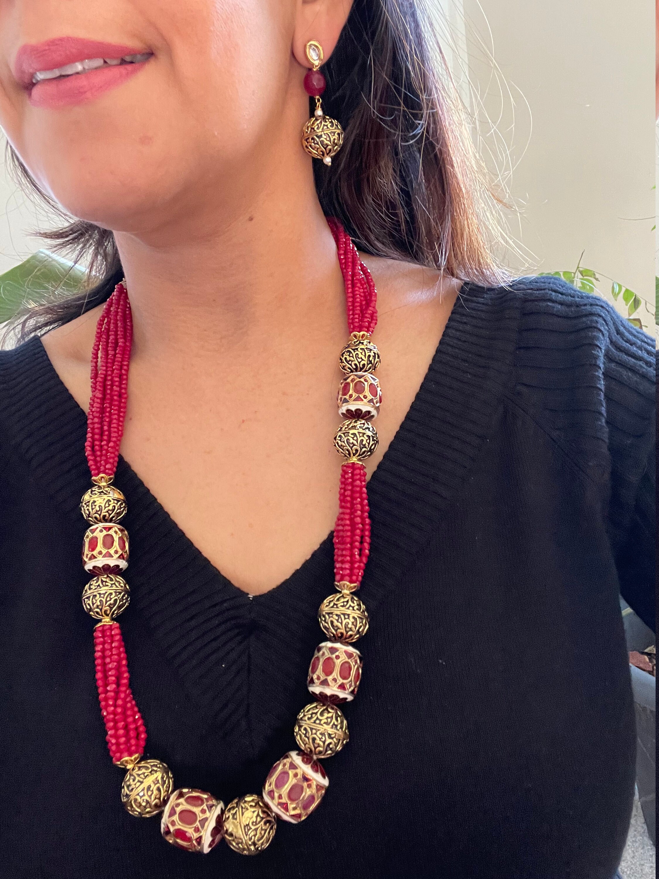 Red Color Mala Set/one of Kind Mala Set/red Jadau Onyx Beads Multilayer ...