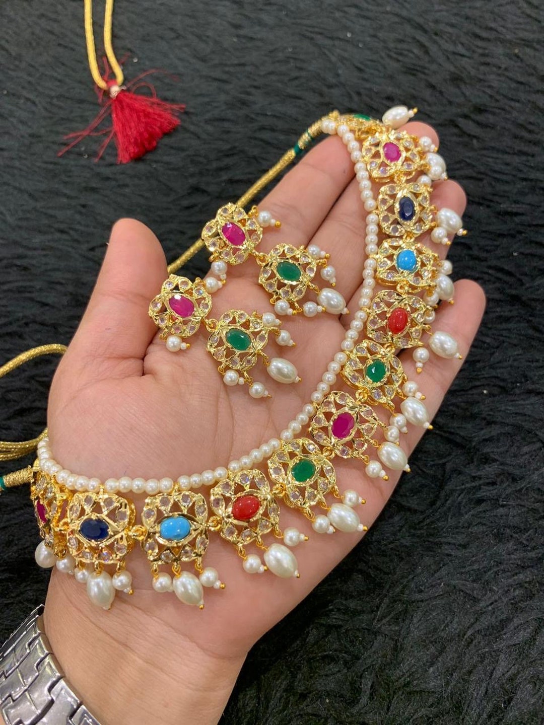 Navratan Necklace Set: Jadau, Pearls, Traditional Indian Jewelry - Etsy