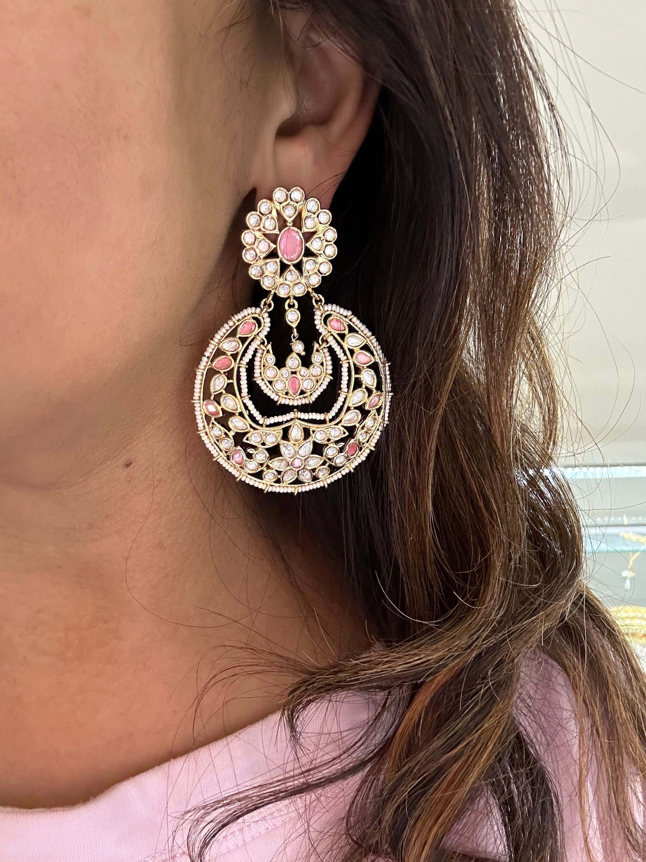 Pink Kundan Tayani Inspired Chandbalis/kundan/moissnaite Pink Big ...
