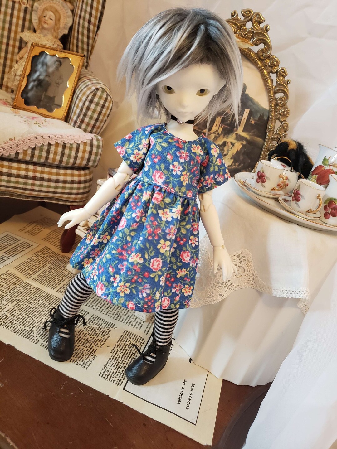 1/6 BJD Yo-sd Tiny Doll Blue Pink Calico Floral Dress - Etsy