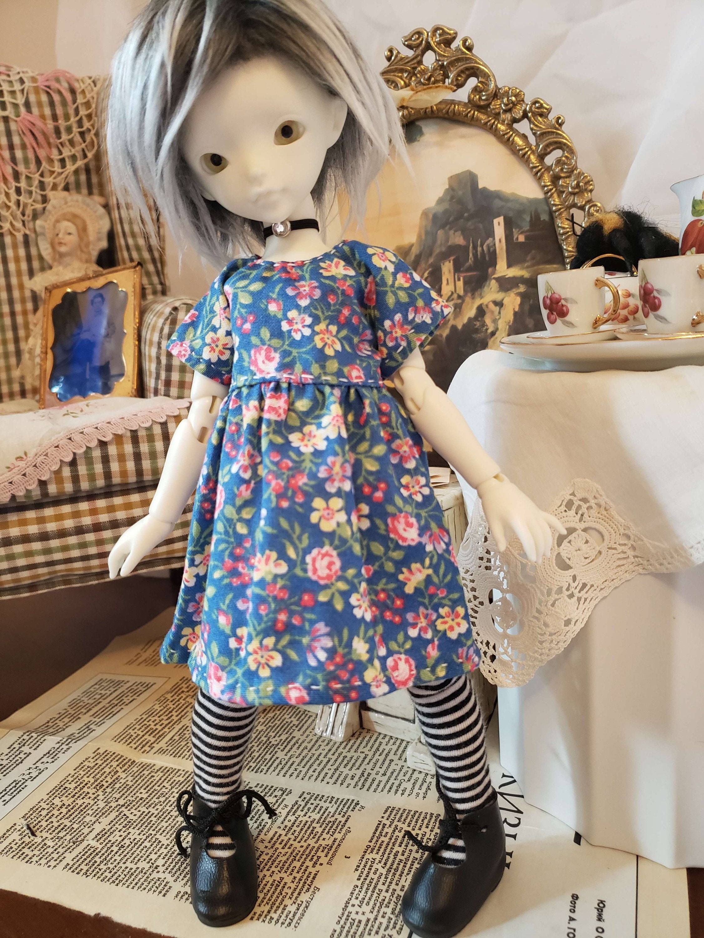 1/6 BJD Yo-sd Tiny Doll Blue Pink Calico Floral Dress - Etsy