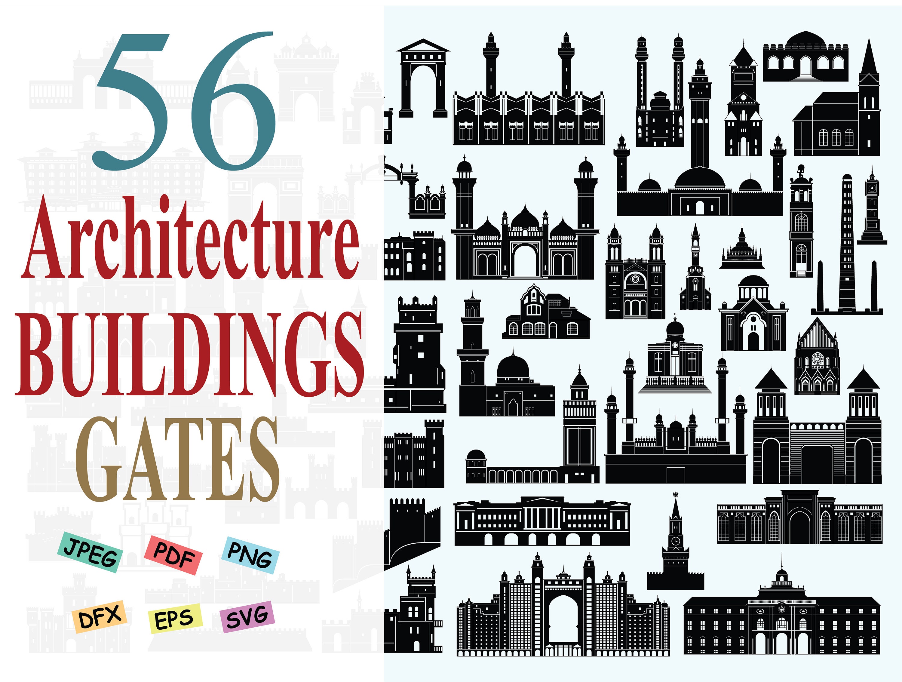 Architecture SVG: 55 Buildings & Gates Vector Clipart (digital Download ...