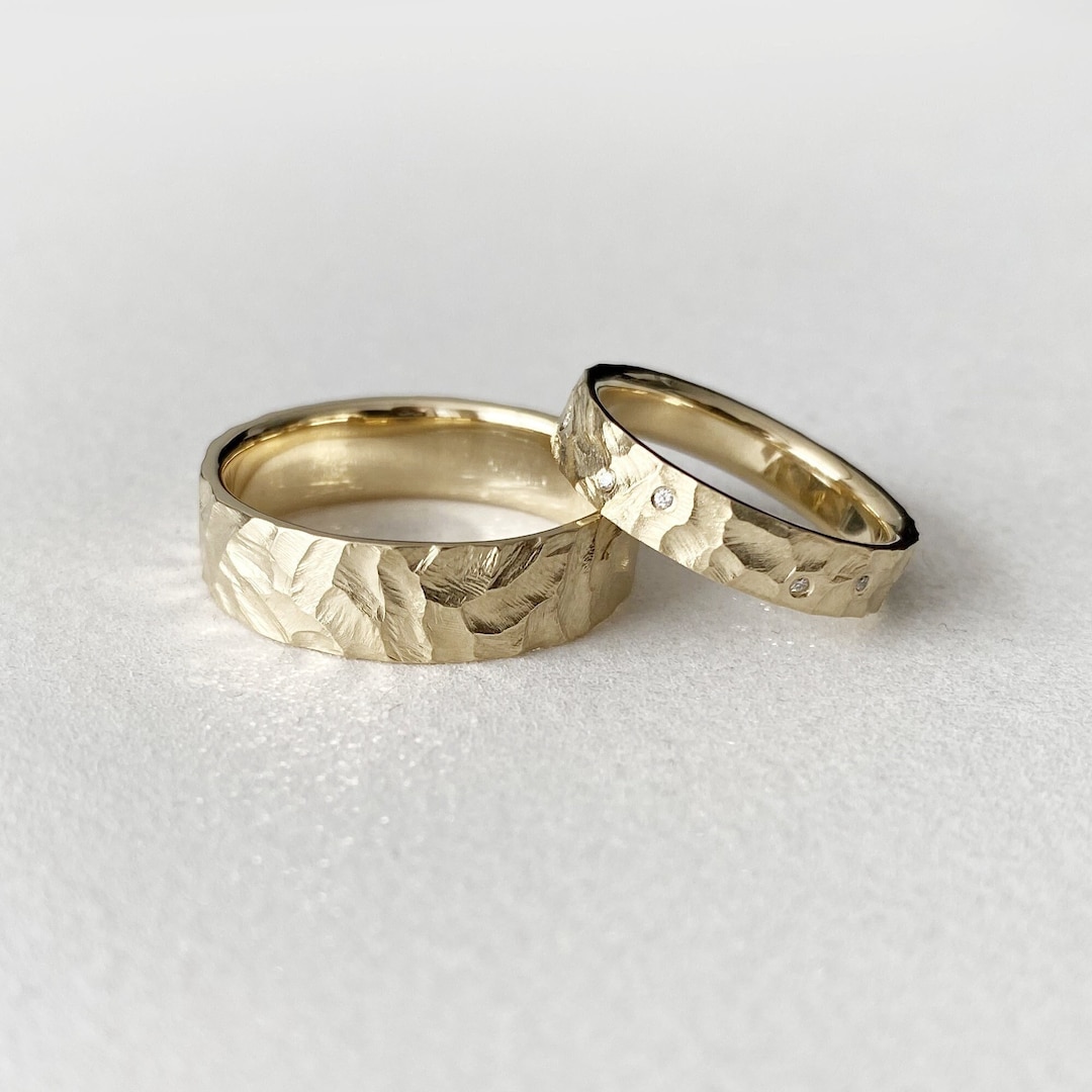 Unique Rough 14K Gold Wedding Rings Set With Diamonds - Etsy