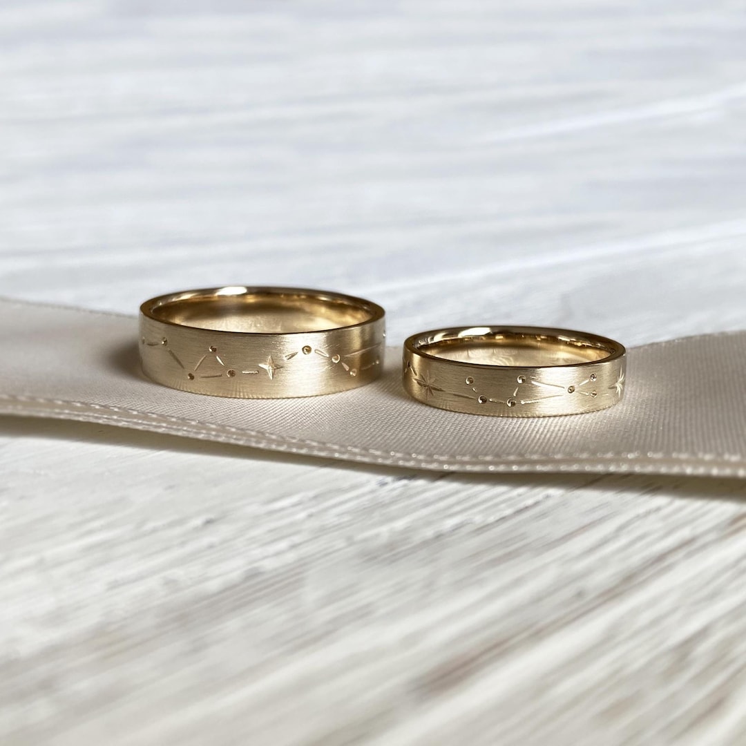 Celestial Wedding Rings Set in 14K Gold - Matte Finish Wedding Rings ...