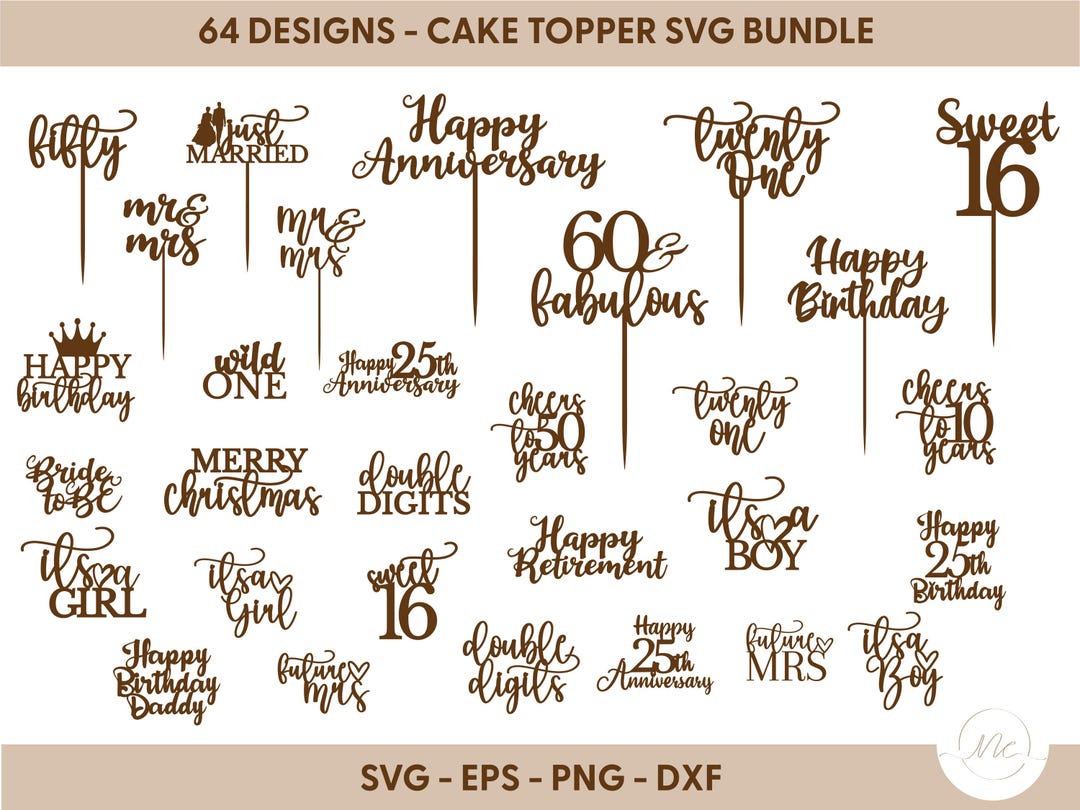 Cake Topper SVG Bundle: Birthday, Wedding, Anniversary (digital ...