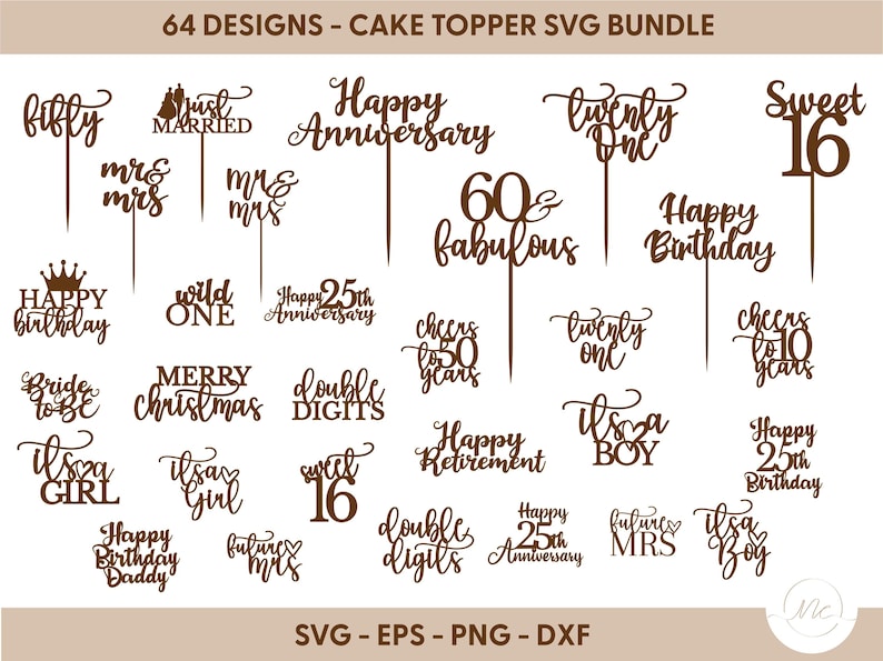 Cake Topper SVG Bundle: Birthday, Wedding, Anniversary (digital ...