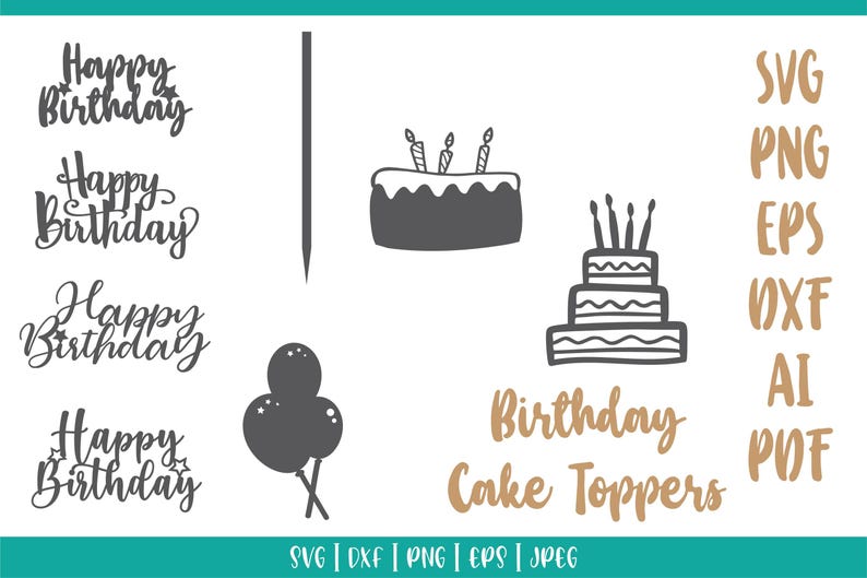 Happy Birthday Cake Topper SVG Bundle: Hand Lettered Designs (digital ...