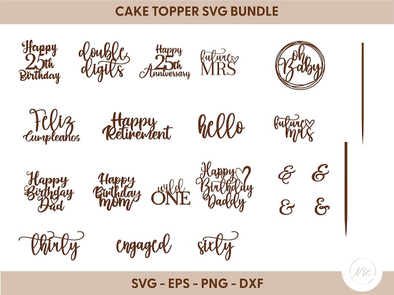 Cake Topper SVG Bundle: Birthday, Wedding, Anniversary (digital ...