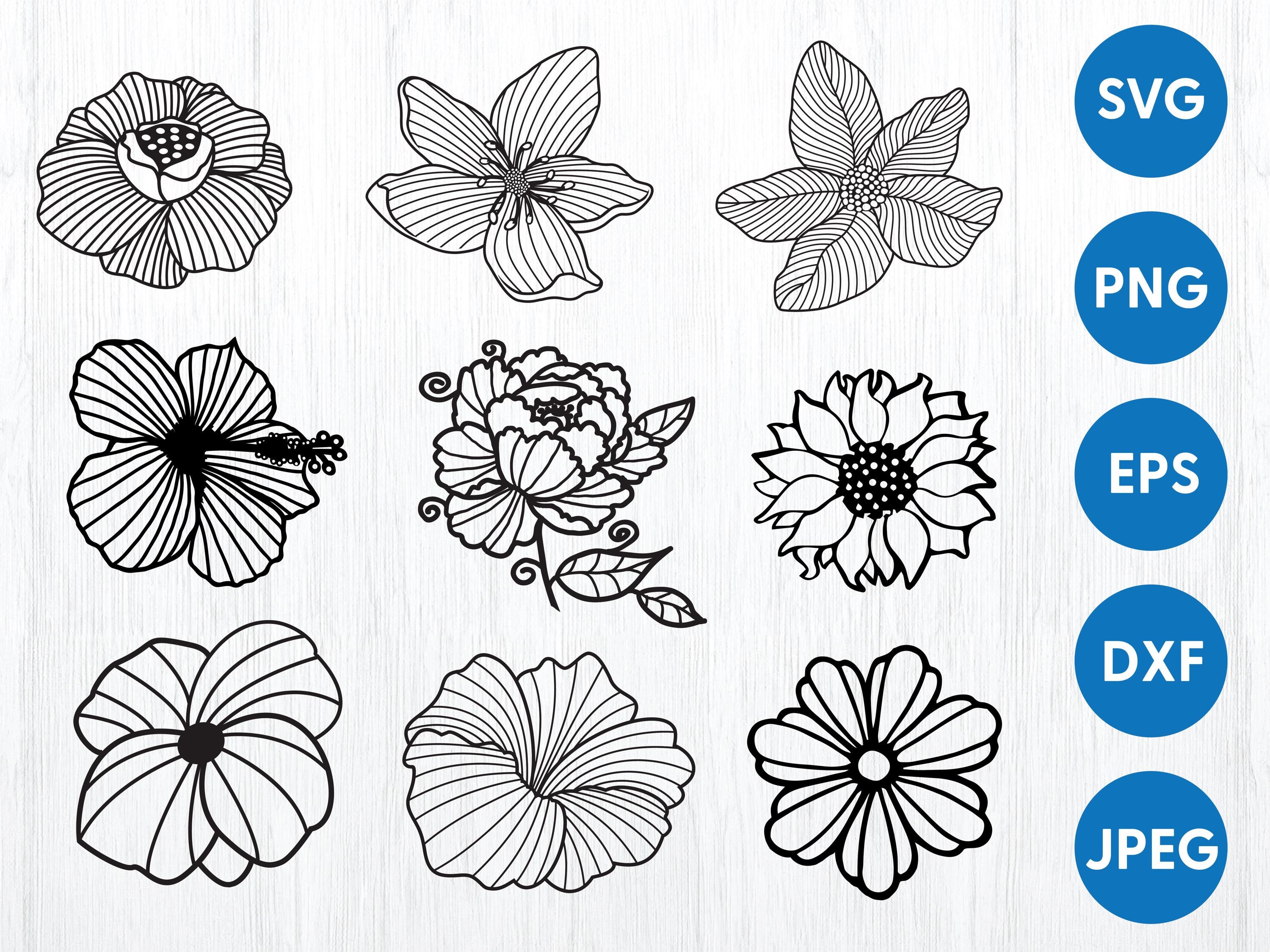 Hand-drawn Flower SVG Bundle: Floral Clipart, Laser Cut Files (digital ...