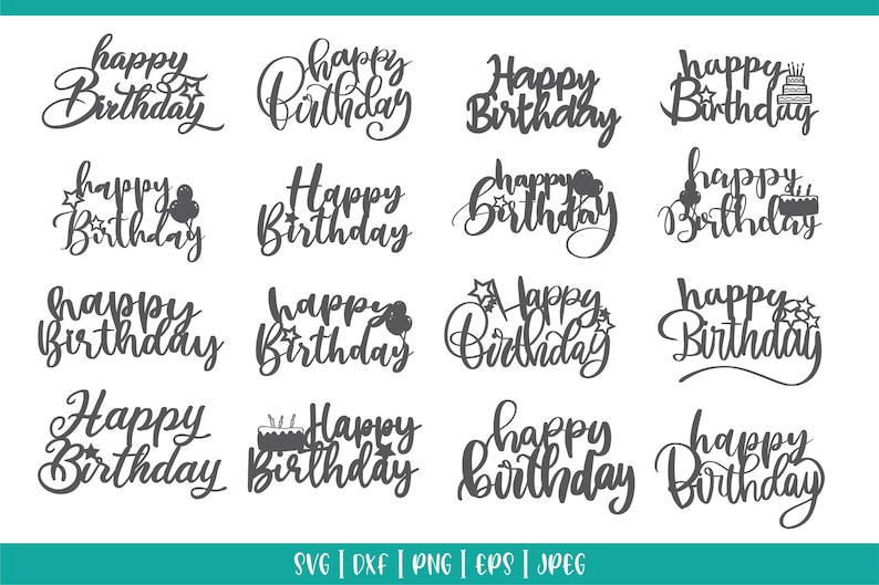 Happy Birthday Cake Topper SVG Bundle: Hand Lettered Designs (digital ...