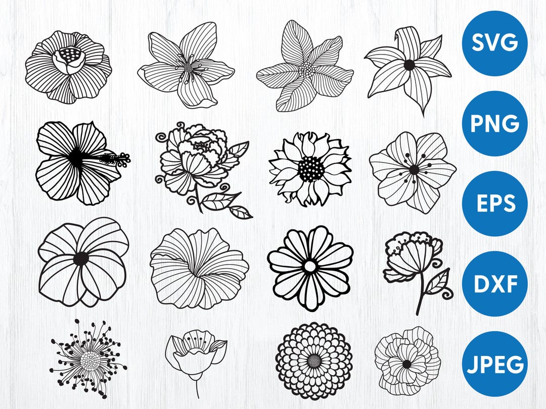 Hand-drawn Flower SVG Bundle: Floral Clipart, Laser Cut Files (digital ...