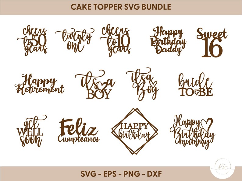 Cake Topper SVG Bundle: Birthday, Wedding, Anniversary (digital ...